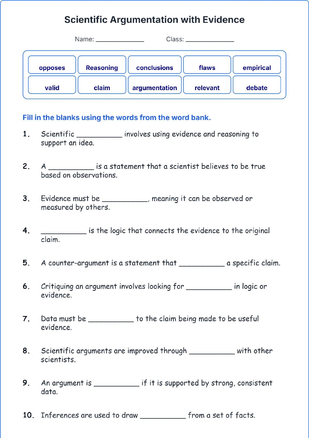 Scientific Argumentation with Evidence TEKS 7.3 C Grade 7 science fill ...